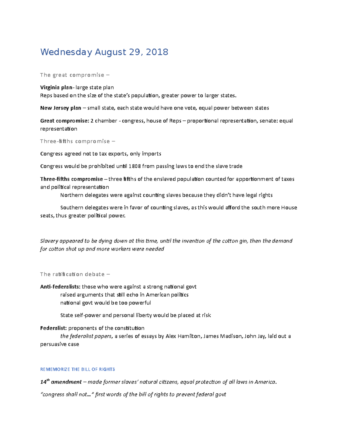 POSI 2310 - lecture 2 - Wednesday August 29, 2018 The great compromise ...