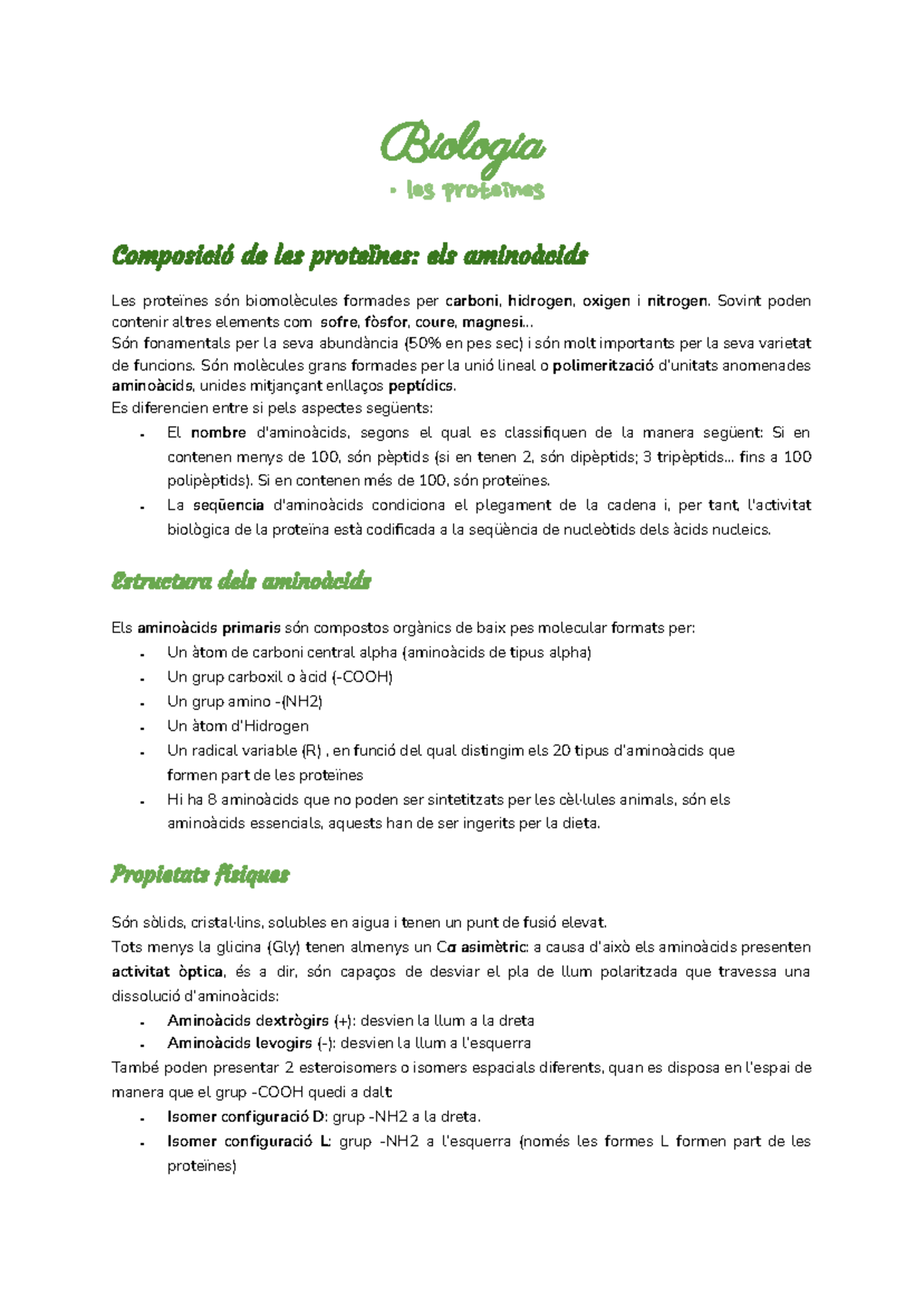 Proteïnes batxillerat - Biologia · les proteines Composició de les proteïnes: els aminoàcids ...