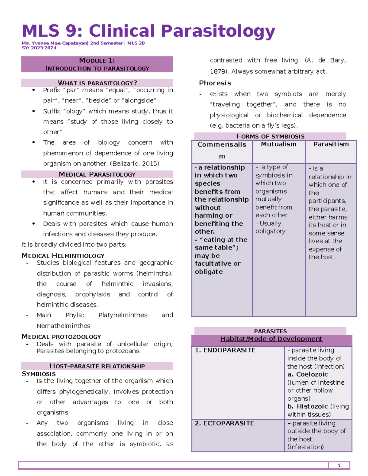 Clinical Parasitology - Ms. Yvonne Mae Capatayan| 2nd Semester | MLS 2B ...