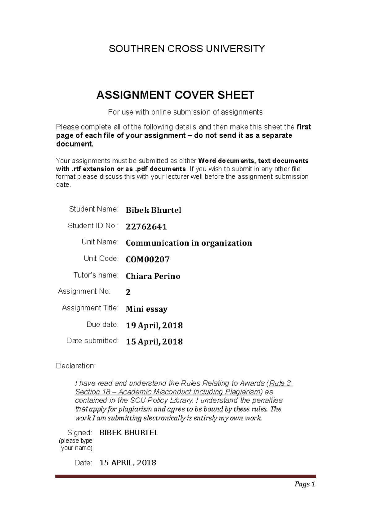 COM - SOUTHREN CROSS UNIVERSITY ASSIGNMENT COVER SHEET For use with ...