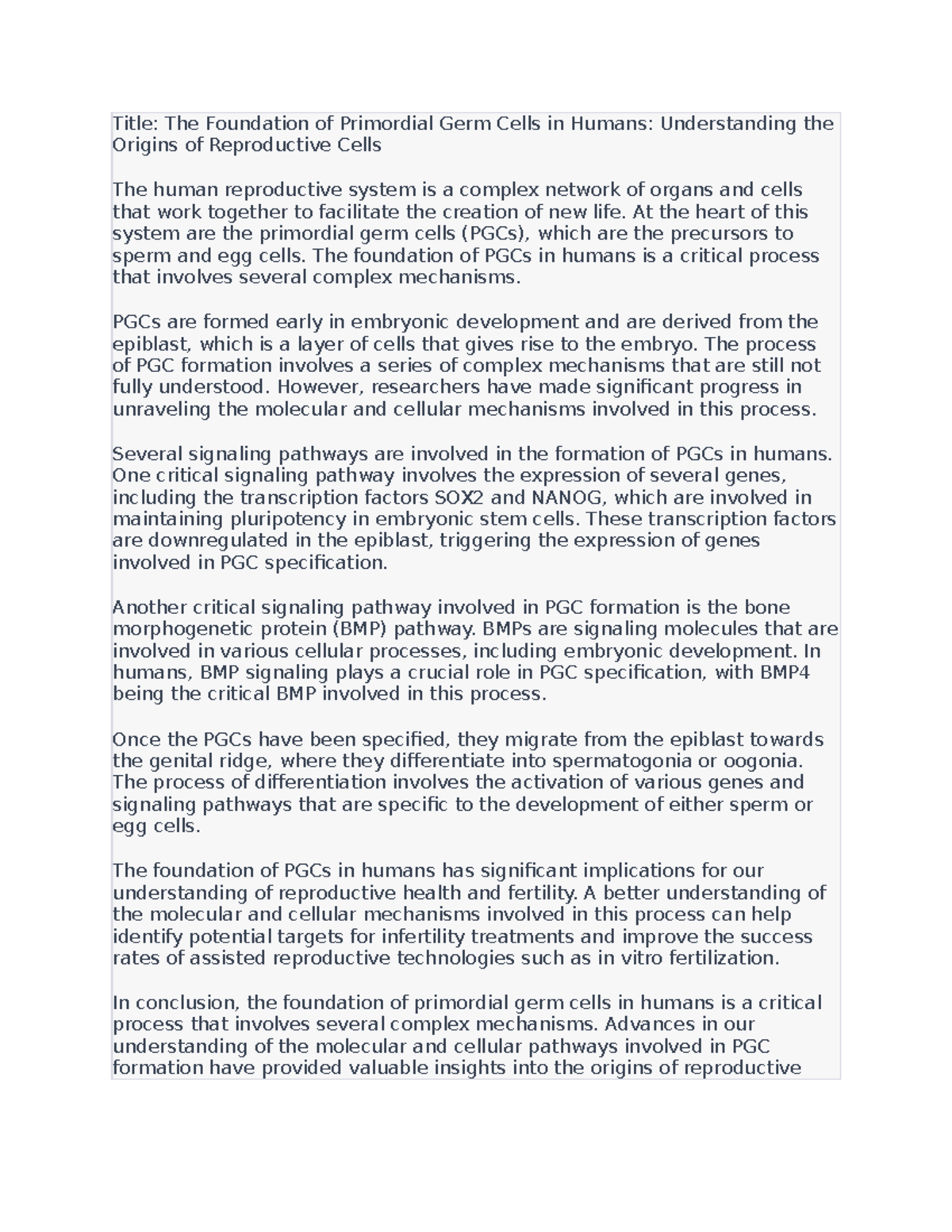 The Foundation of Primordial Germ Cells in Humans - Understanding the ...