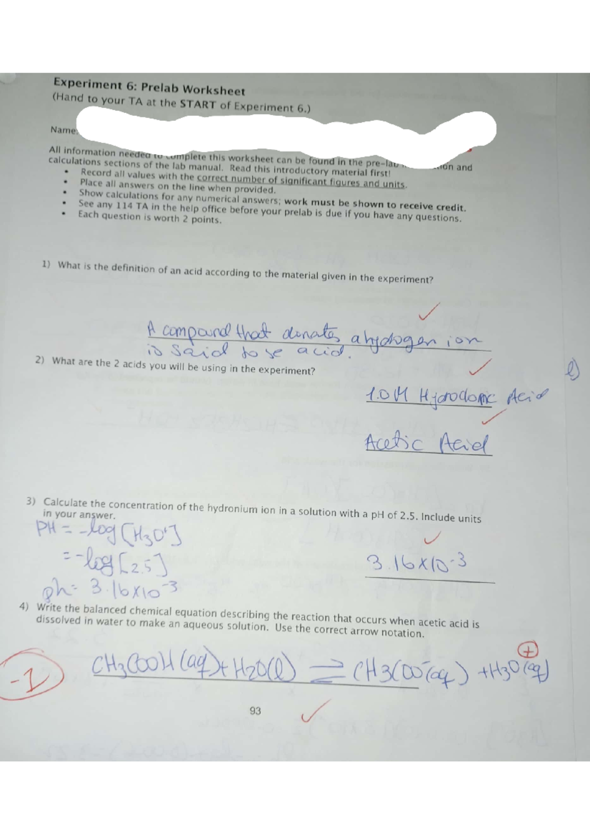 Chm 114 pre-lab 6 - Fall 2021 - Experiment 6: Prelab Worksheet (Hand to your TA at the START of ...