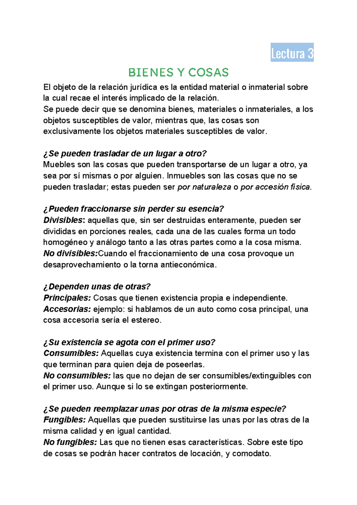 Derecho Privado Civil - Resumen - Lectura 3 y 4 Modulo 1 - Lectura 3 BIENES Y COSAS El objeto de ...