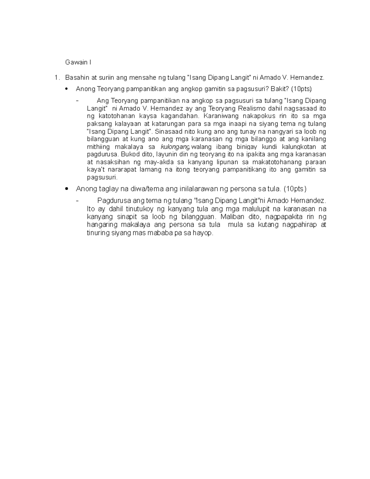 Gawain I - PAGSUSURI SA ISANG DIPANG LANGIT - Gawain I Basahin at suriin ang mensahe ng tulang ...