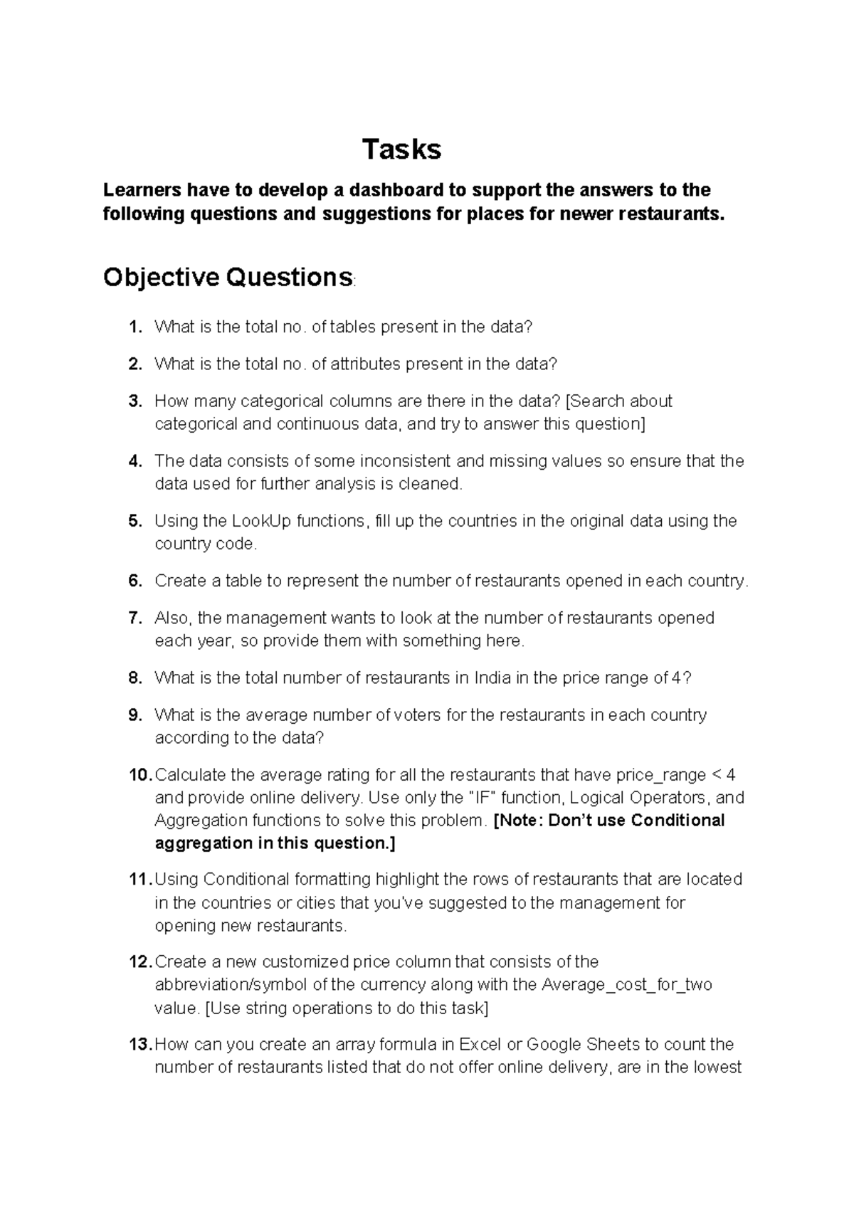 Tasks Tasks Learners Have To Develop A Dashboard To Support The Answers To The Following