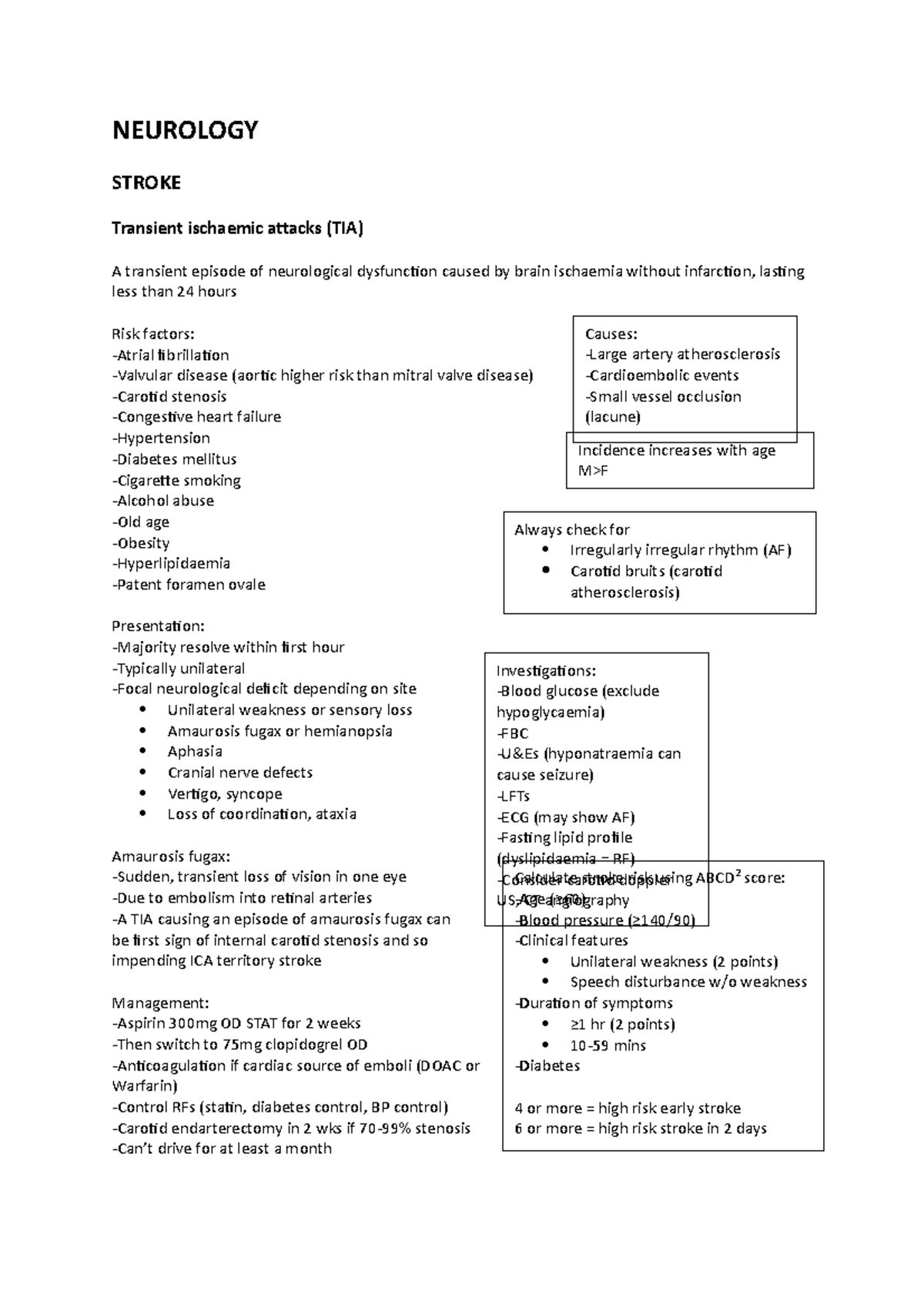 Neurology - NEUROLOGY STROKE Transient ischaemic attacks (TIA) A ...