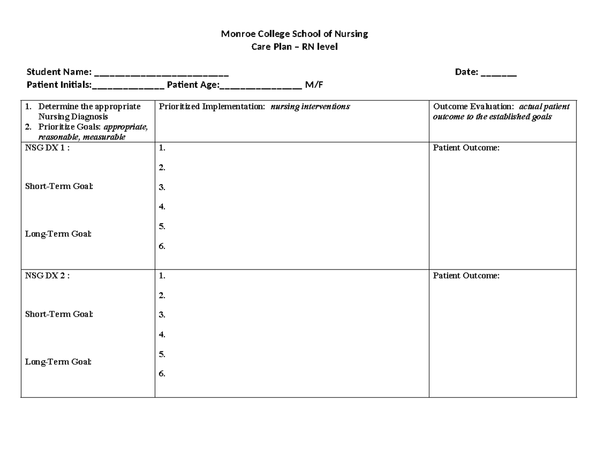 RN Care Plan - Nursing care plan - Monroe College School of Nursing ...