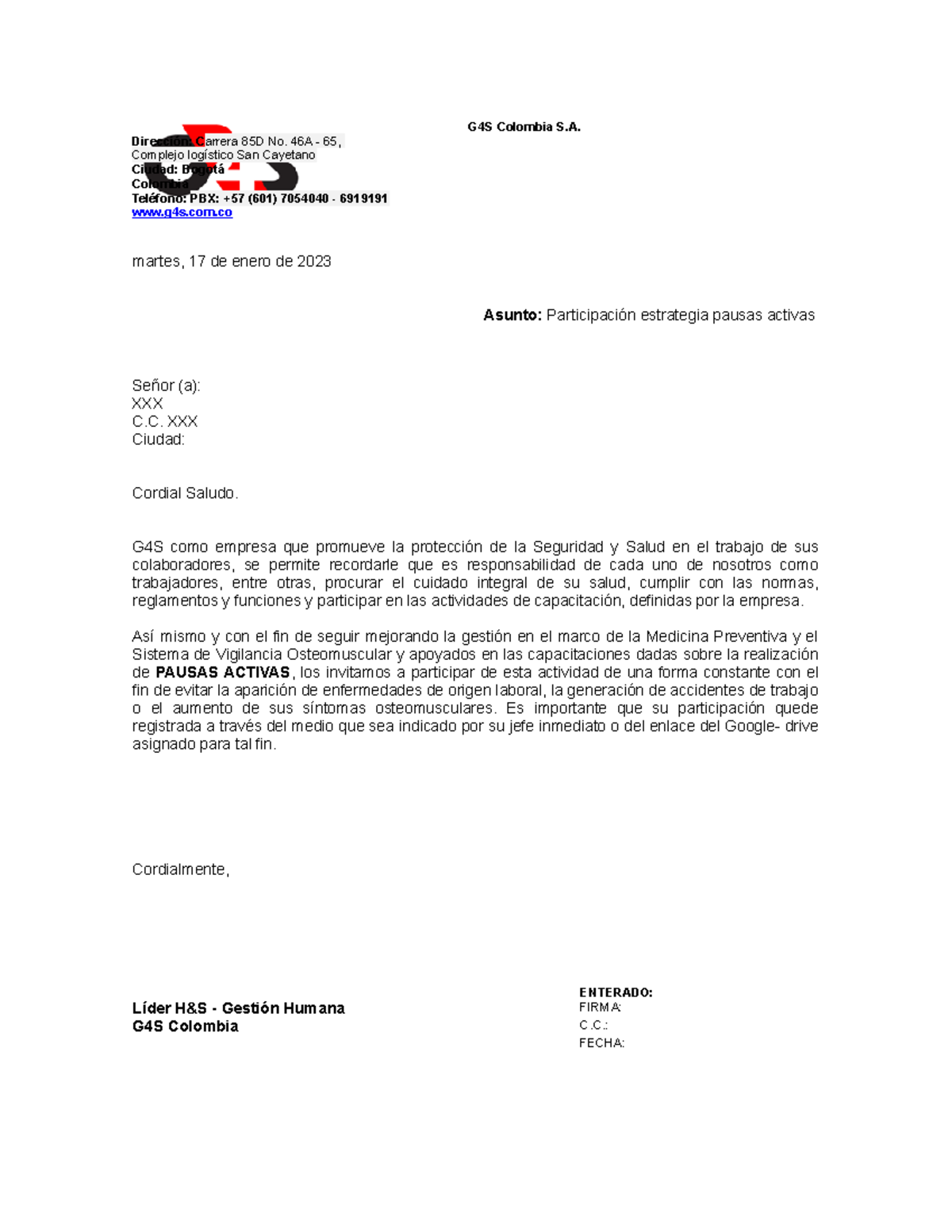 Carta Participación Pausas Activas 2023 - G4S Colombia S. Dirección ...
