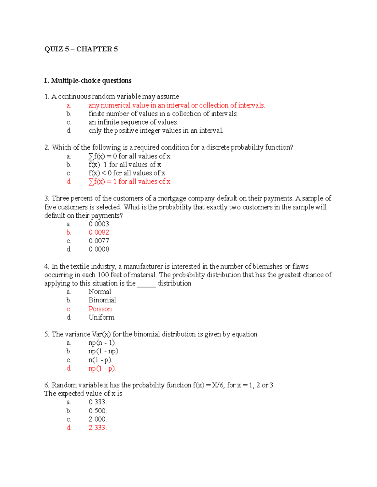 Quiz-5-Chap-5 answer - For meeeee - QUIZ 5 – CHAPTER 5 I. Multiple ...