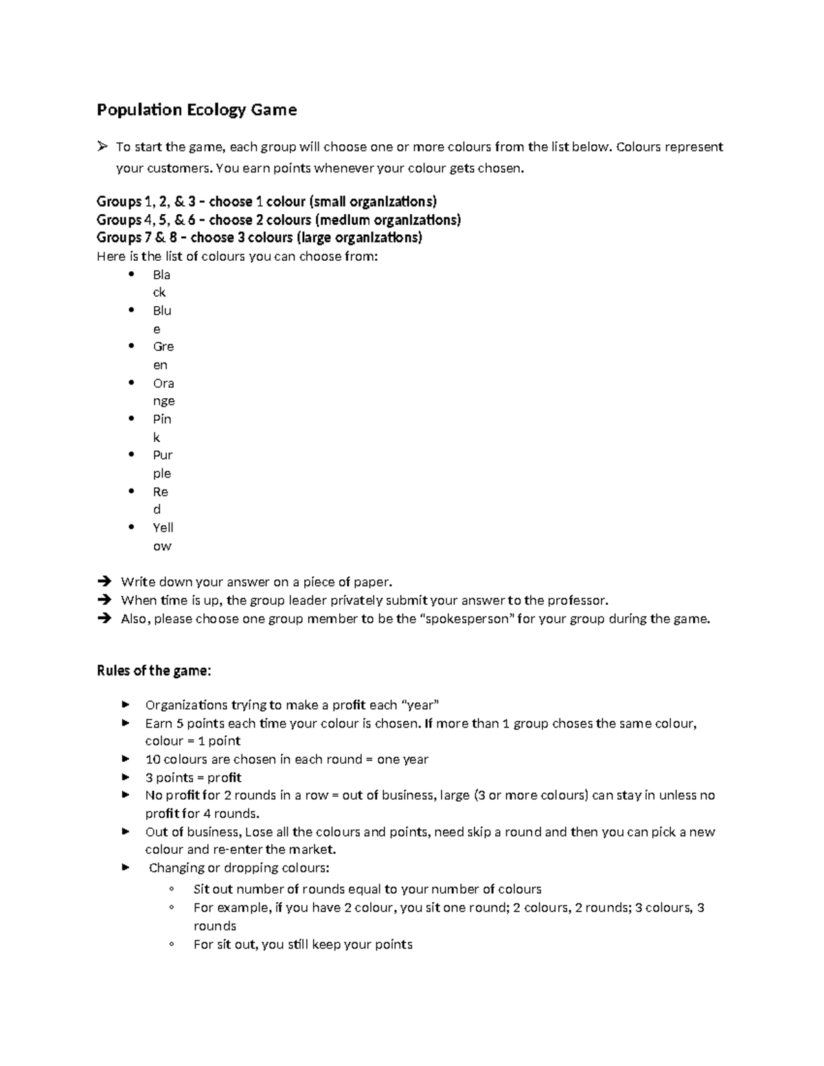 CH6 Simulation Handout - Population Ecology Game To start the game ...