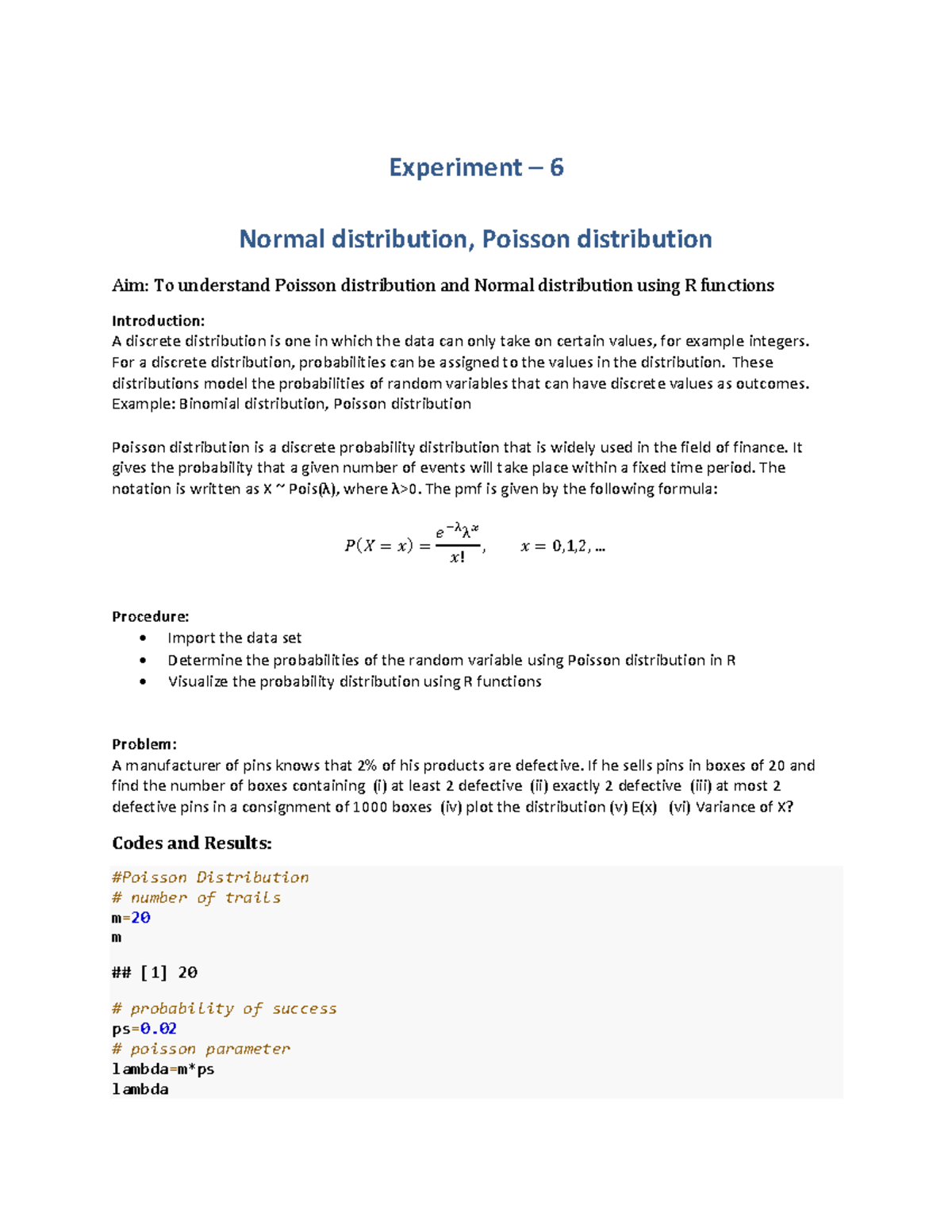 Experiment-6 - Experiment 1 - Experiment – 6 Normal distribution ...