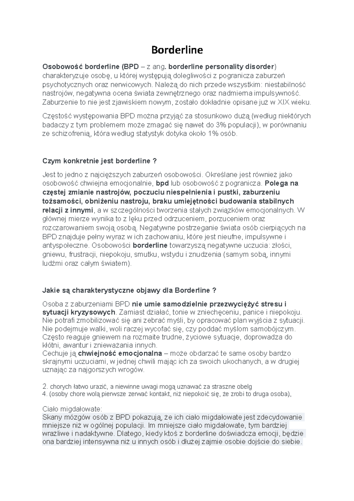 Borderline notatka - Borderline Osobowość borderline (BPD – z ang ...