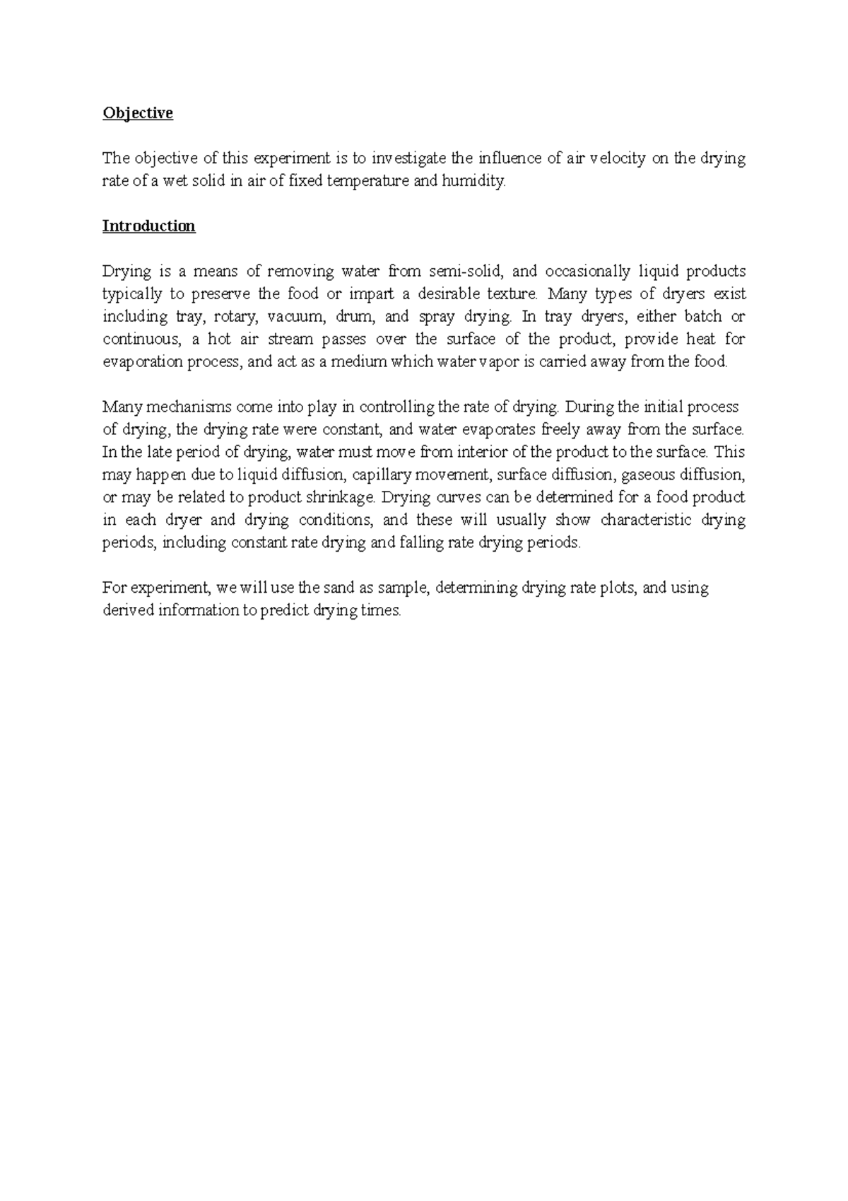 CHM450 - Experiment 1: Tray Drying and Drying Curves - Objective The ...