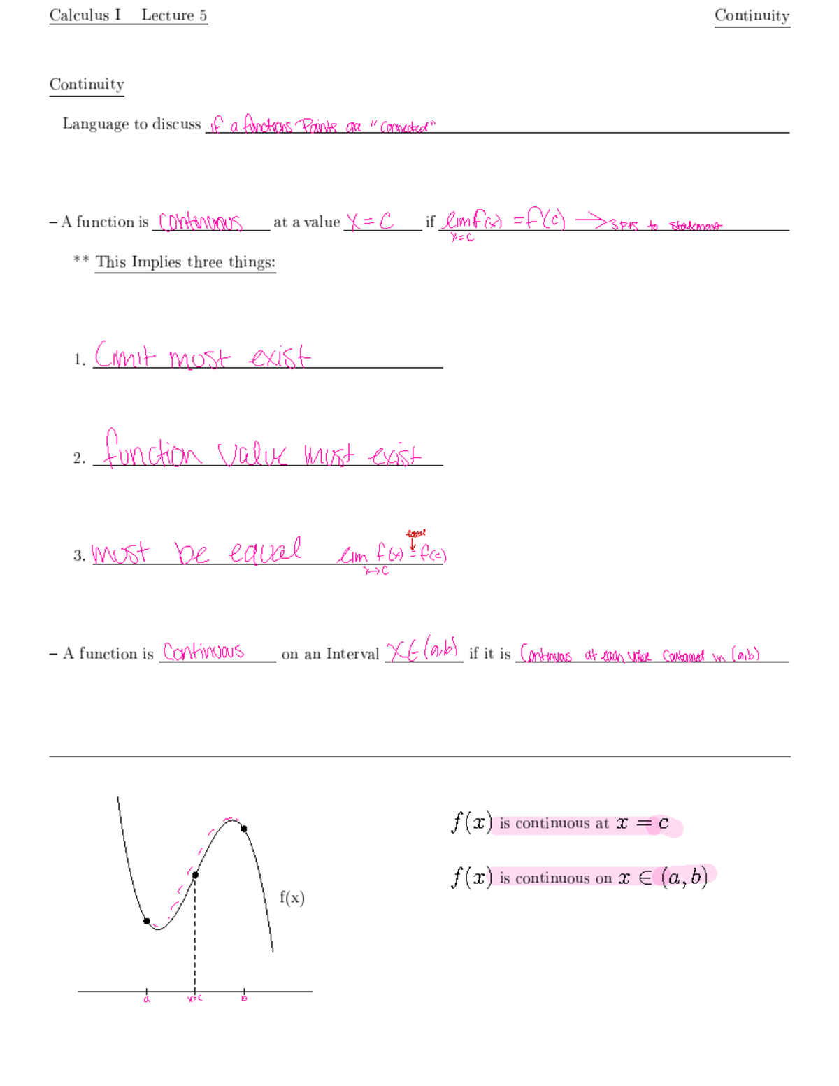 Math 2115 Lecture 5 Continuity - f(x) x= c f(x) x 2 (a, b) if ...