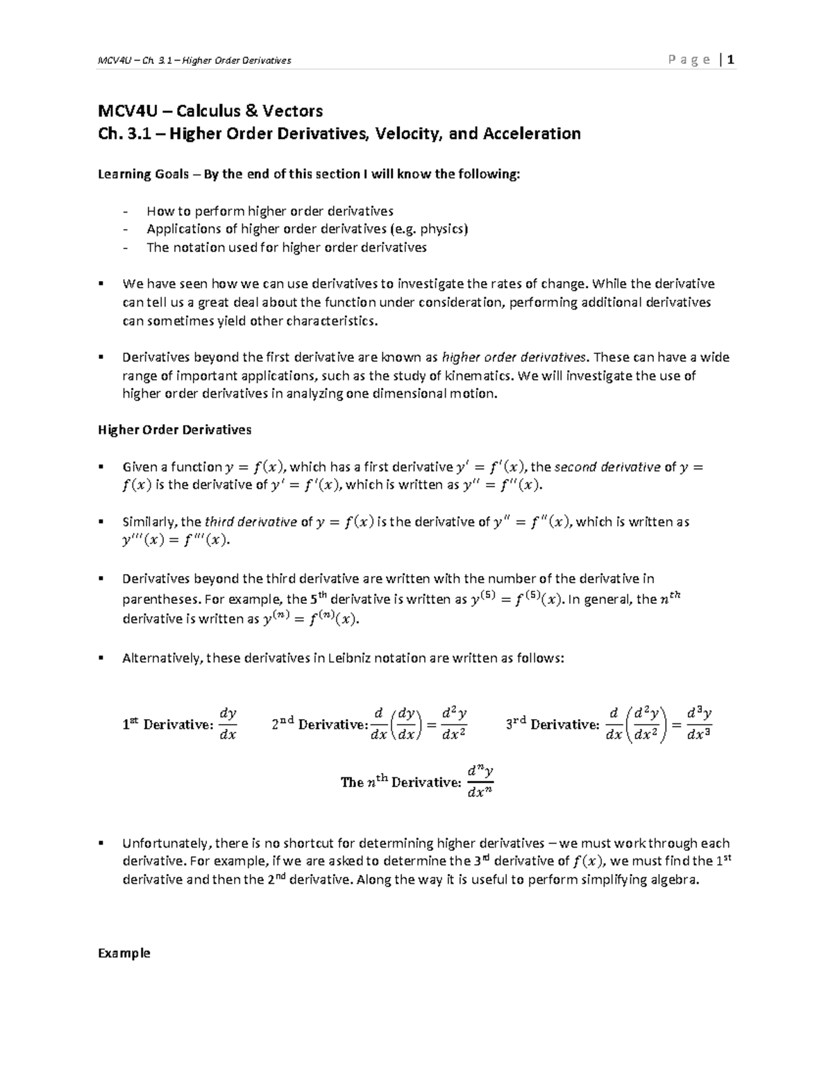 MCV4U - Ch. 3.1 - Higher Order Derivatives - MCV4U – Calculus & Vectors ...