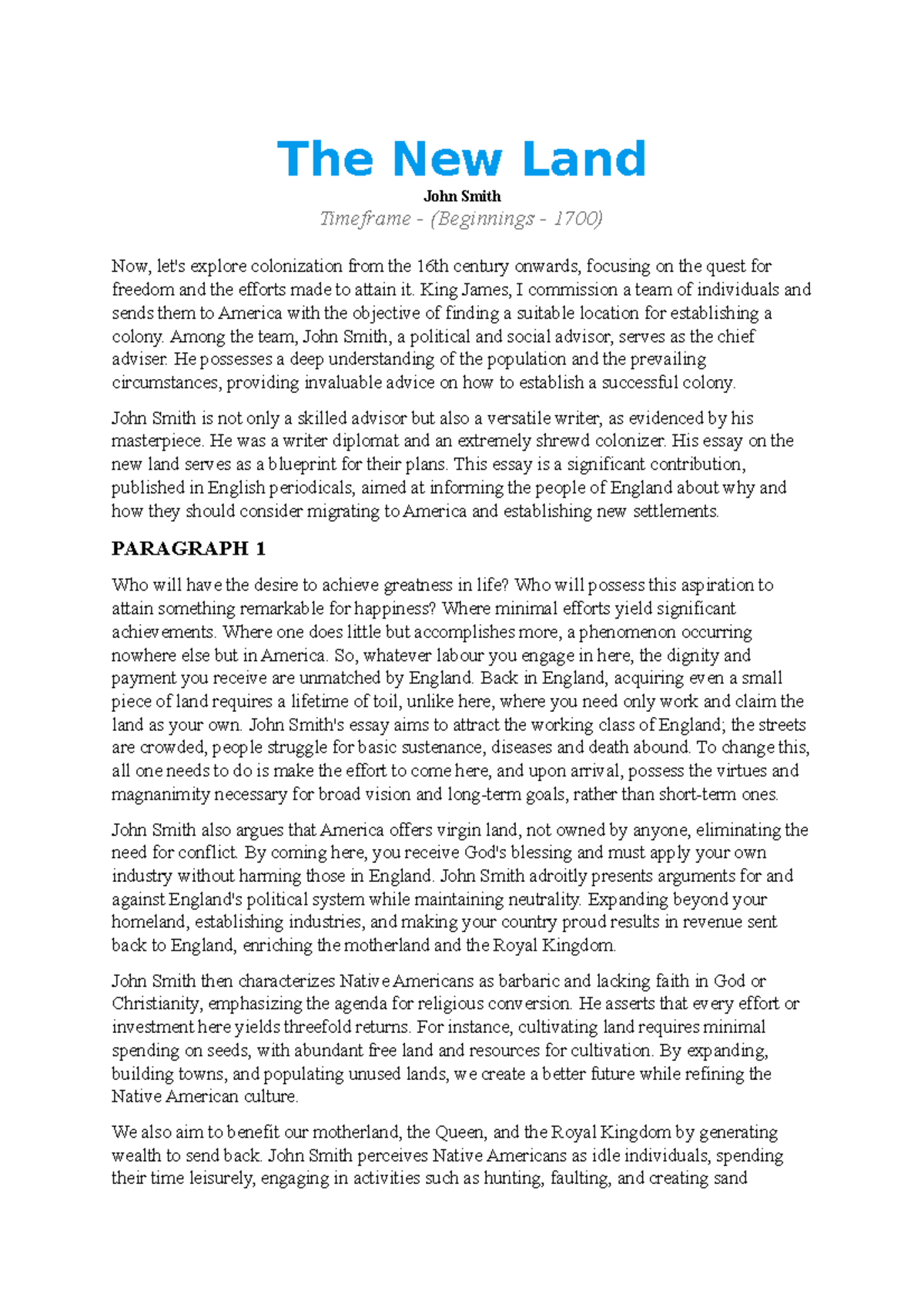 The New Land - John Smith Notes - The New Land John Smith Timeframe ...