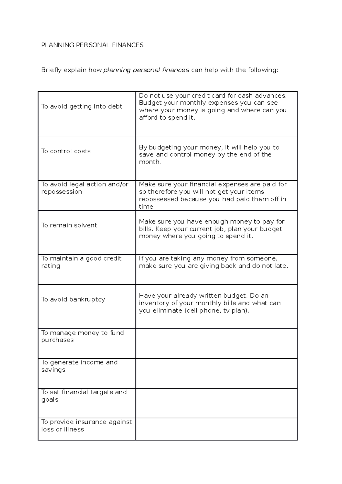 Planning Personal Finances worksheet - Copy - PLANNING PERSONAL ...