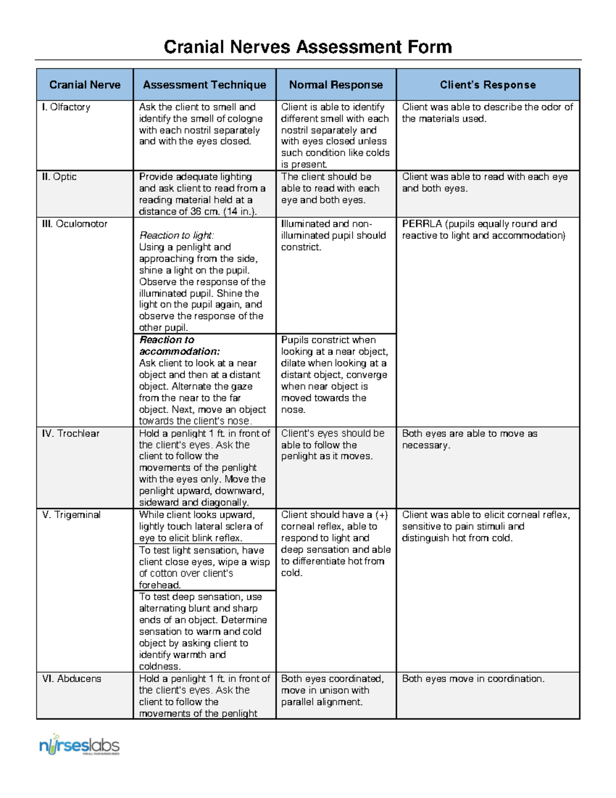 Cranial Nerves Form - Cranial Nerves Assessment Form Cranial Nerve ...