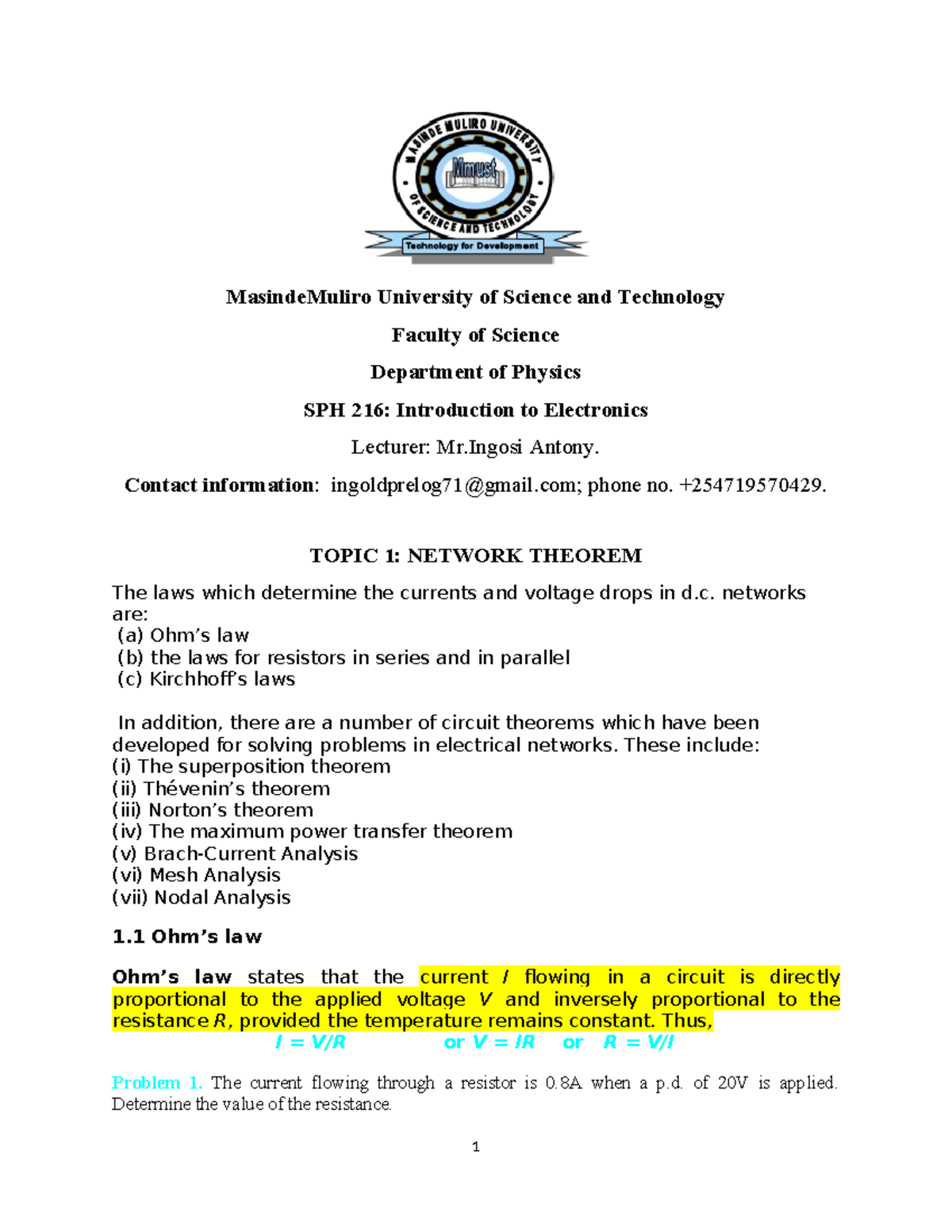 Topic 1 Network Theorem - MasindeMuliro University of Science and Technology Faculty of Science ...