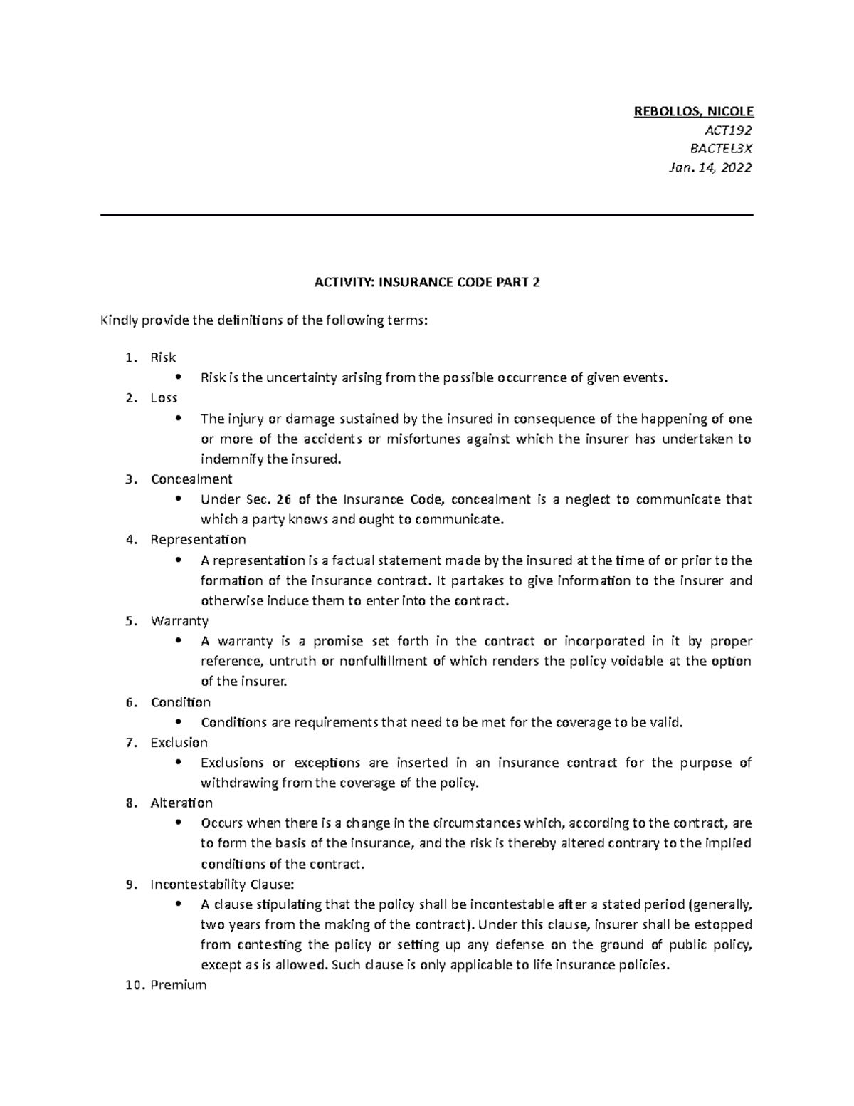 Activity - Insurance Code Part 2 - REBOLLOS, NICOLE ACT BACTEL3X Jan ...
