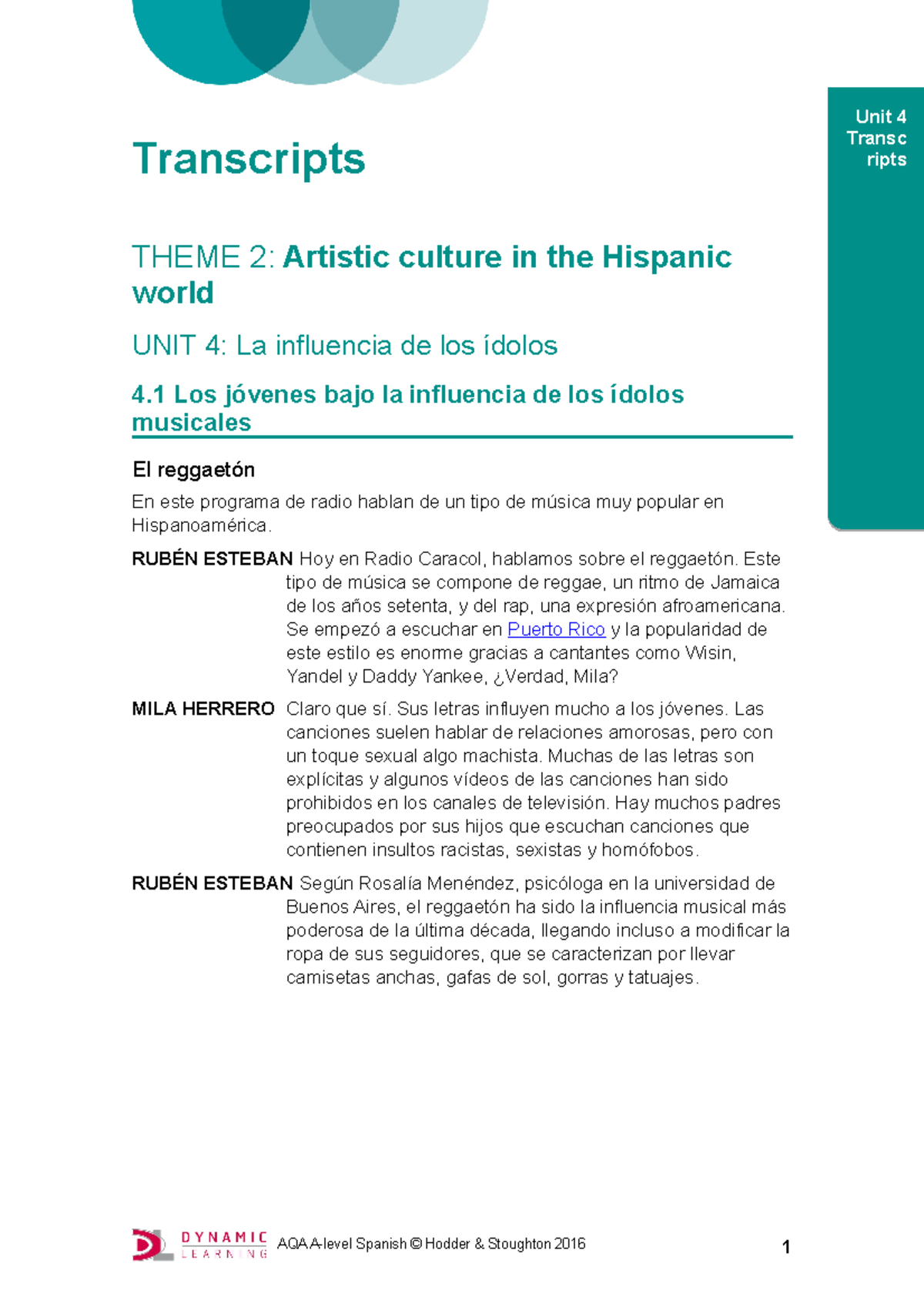 U04 audio script - Rosldoies - Transcripts THEME 2: Artistic culture in ...