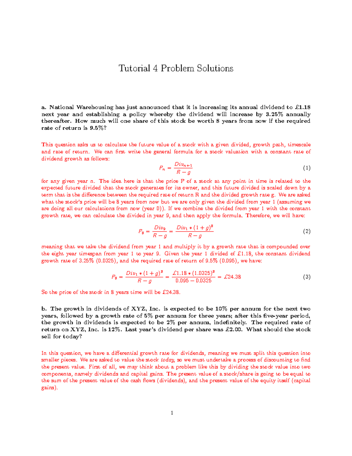 Tutorial 4 Stock and Bond Valuation - Tutorial 4 Problem Solutions a. National Warehousing has ...