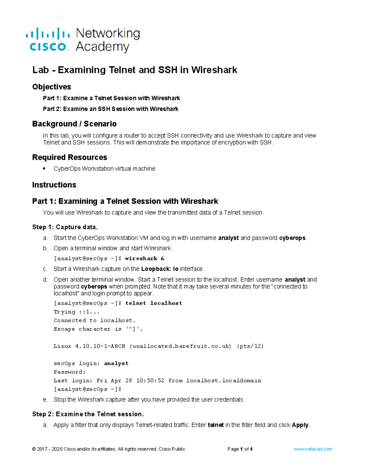 21212 Lab Examining Telnet And Ssh In Wireshark Objectives Part 1 Examine A Telnet