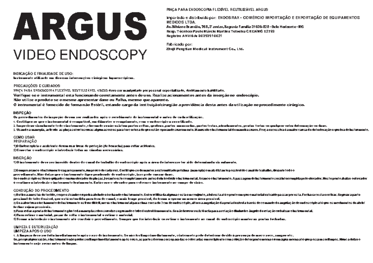 Manual Argus - ARGUS VIDEO ENDOSCOPY PINÇA PARA ENDOSCOPIA FLEXÍVEL ...