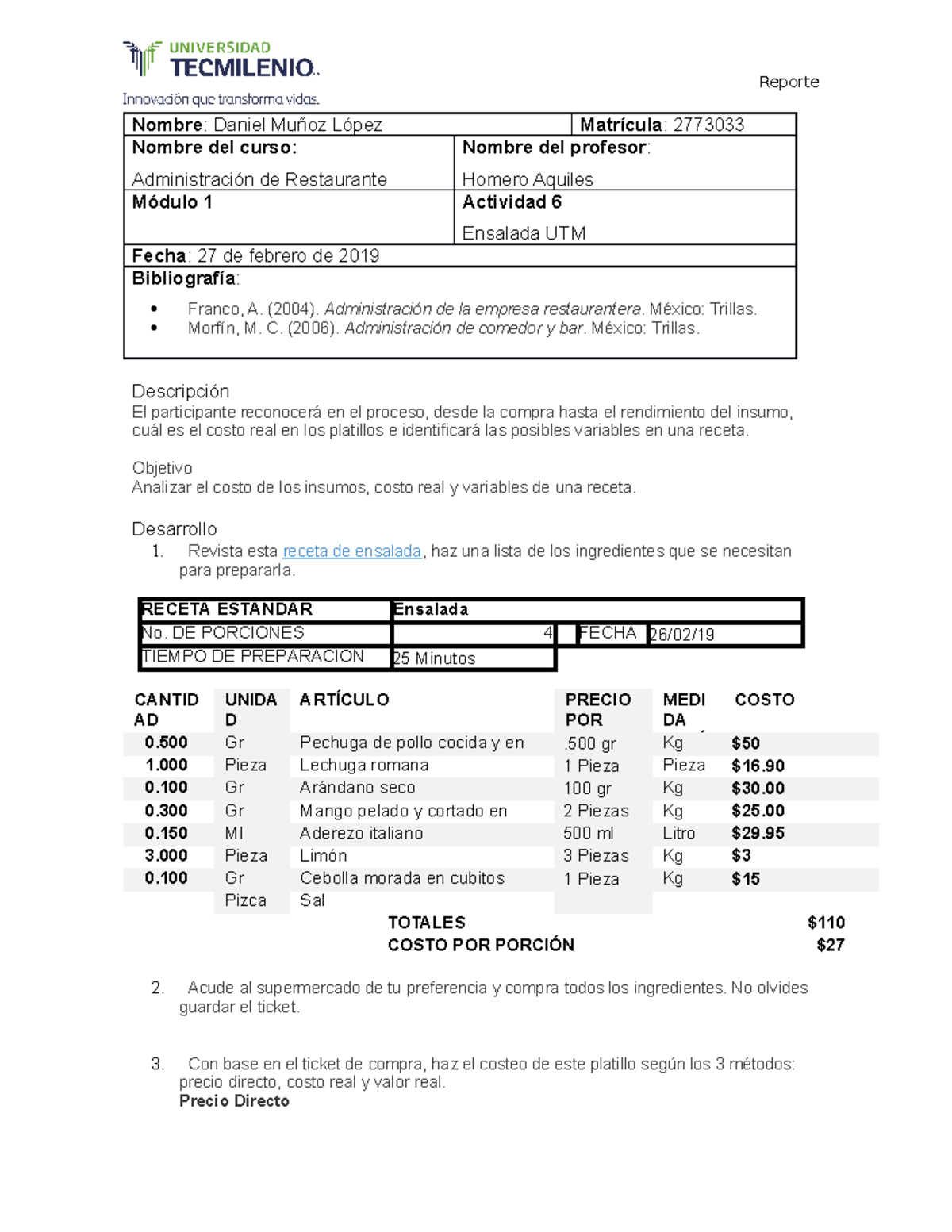 Actividad 6 Administracion de Restaurantes - Reporte Nombre : Daniel ...