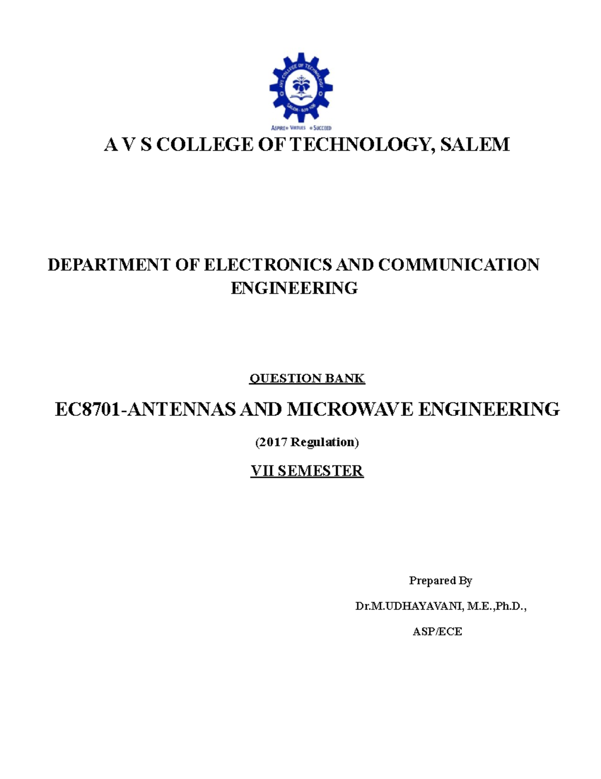 EC8701 AME QB - A V S COLLEGE OF TECHNOLOGY, SALEM DEPARTMENT OF ...