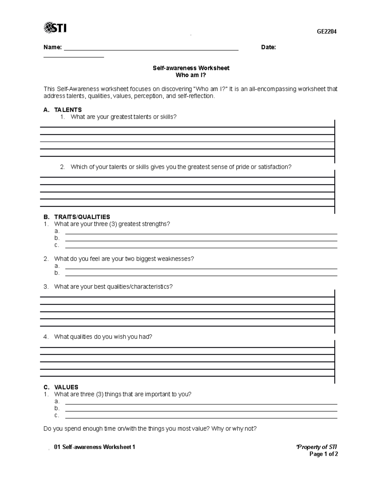 01 Self-awareness Worksheet 1 - GE Name