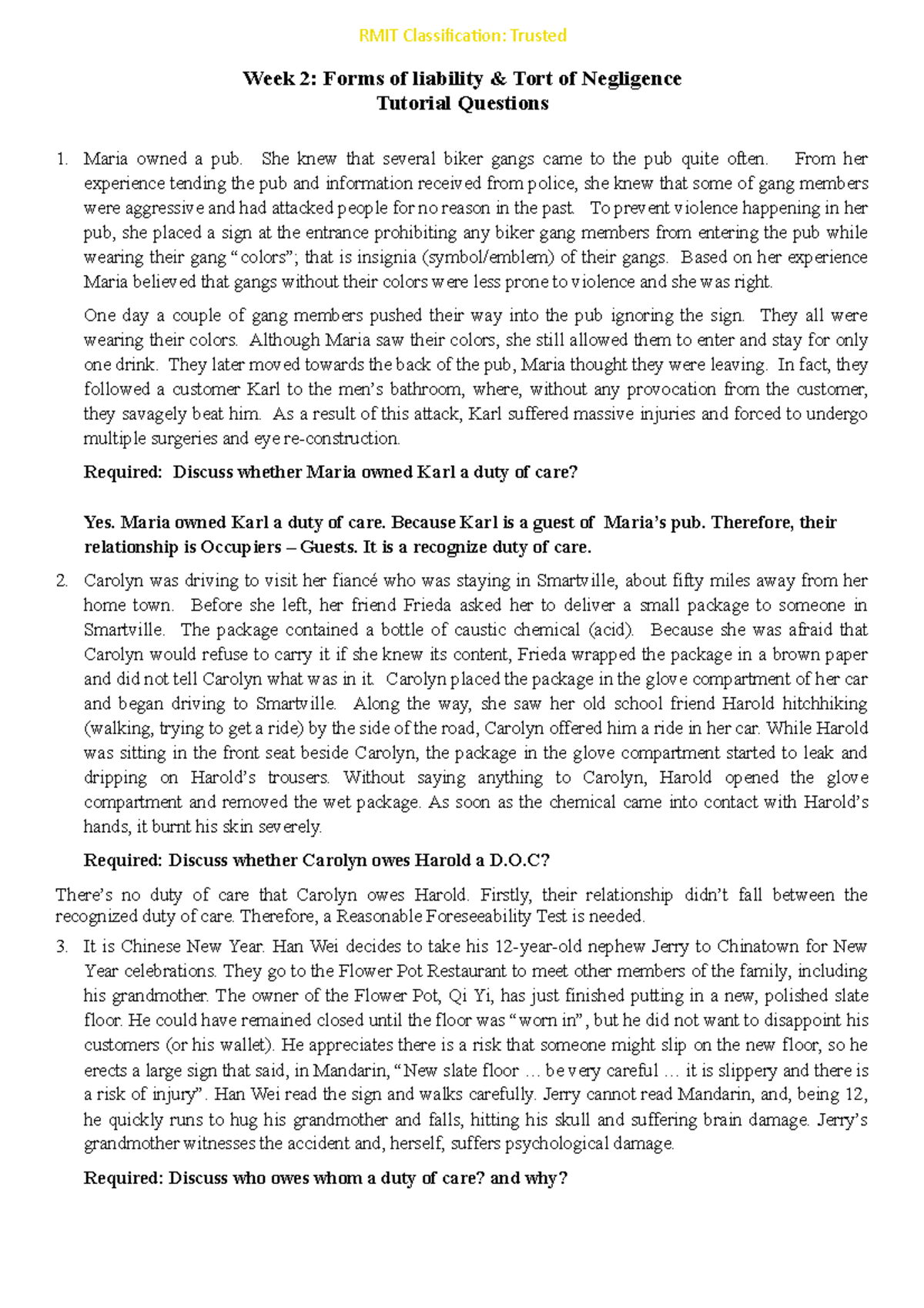 Week2 Tutorial Question - Week 2: Forms of liability & Tort of Negligence Tutorial Questions ...