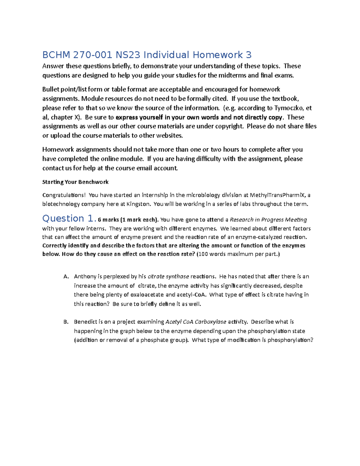 BCHM270 NS23 Individual Homework Assignment 3 - BCHM 270-001 NS23 ...