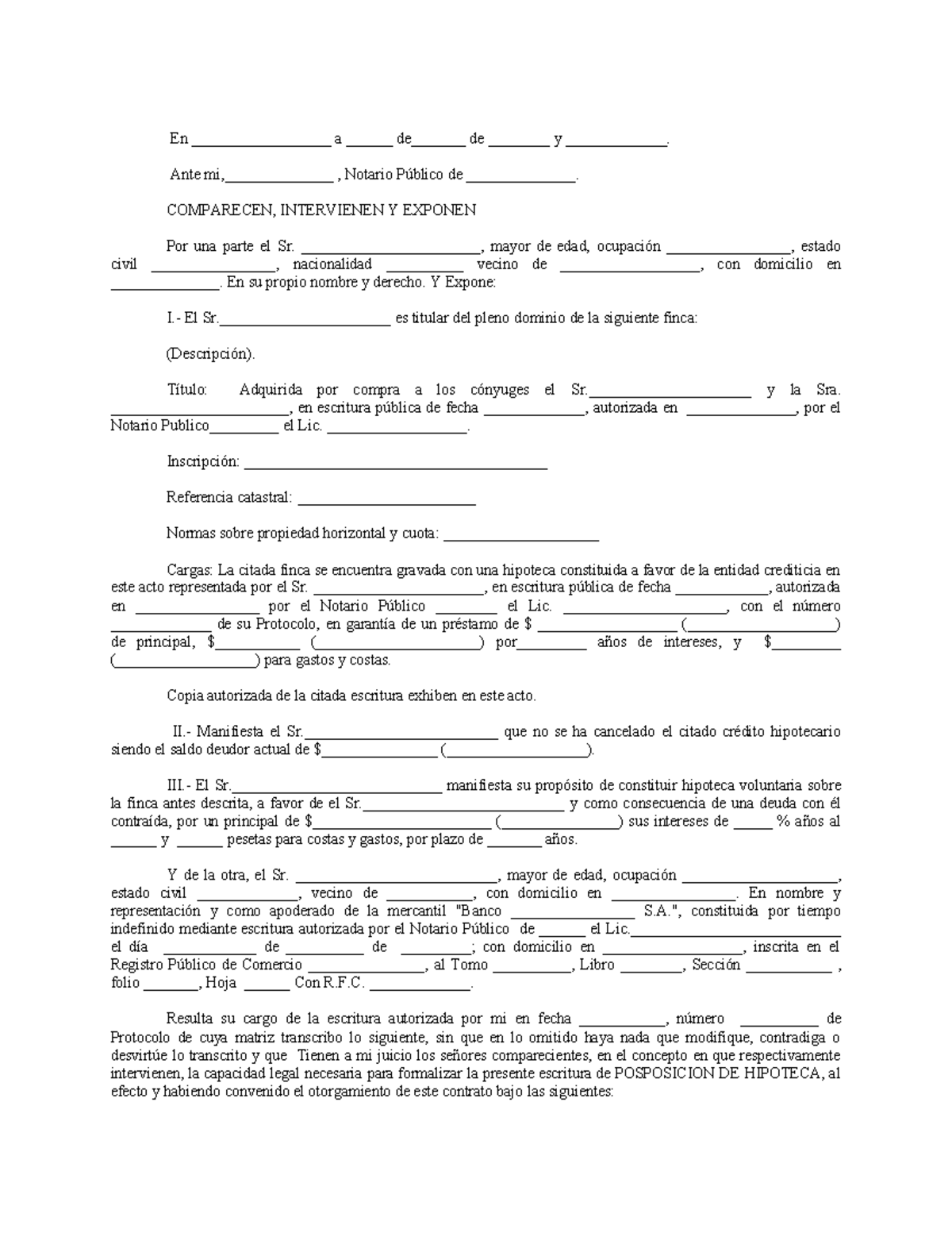 Escritura DE Compraventa POR Posposición DE Hipoteca Voluntaria NO ...