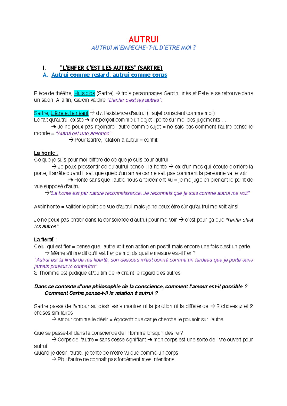Autrui - AUTRUI AUTRUI M'EMPECHE-T-IL D'ETRE MOI? I. "L'ENFER C'EST LES ...