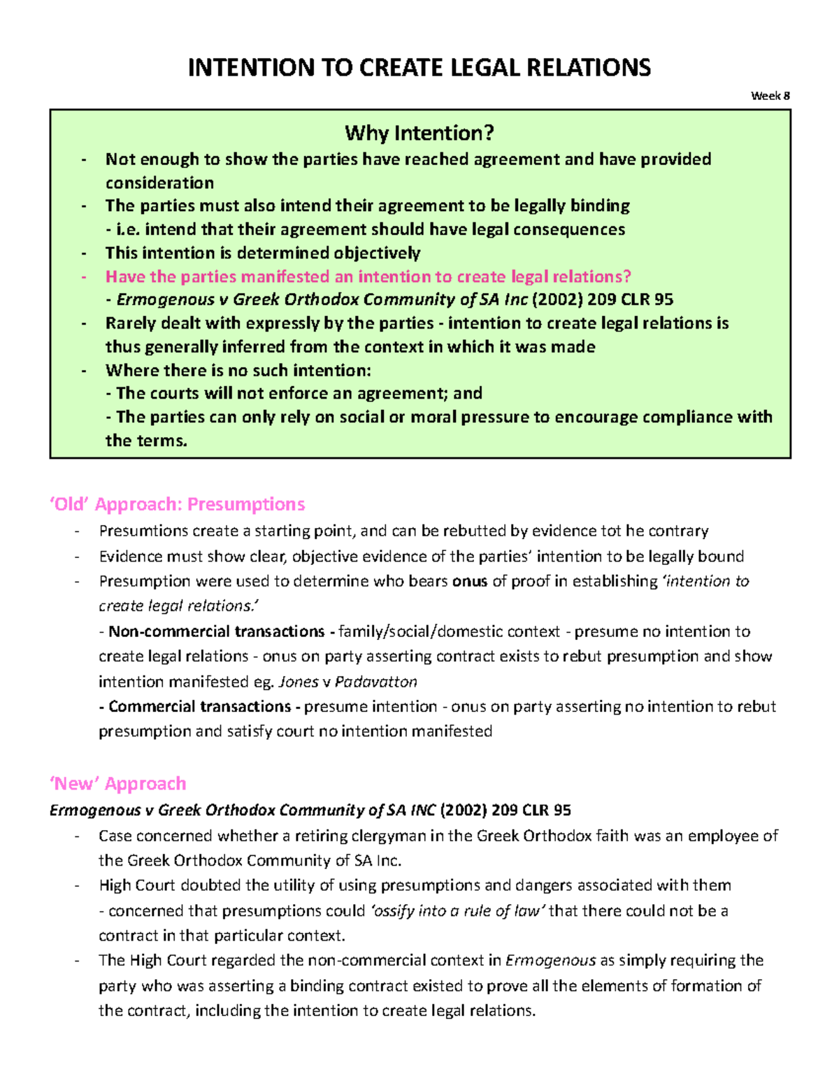 WEEK 8 - Contract LAW - INTENTION TO CREATE LEGAL RELATIONS Week 8 Why ...