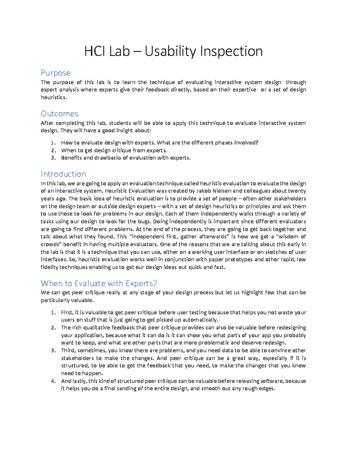 SP21 HCI Lab03 - These are lab activities - HCI Lab Usability Inspection Purpose The purpose of ...