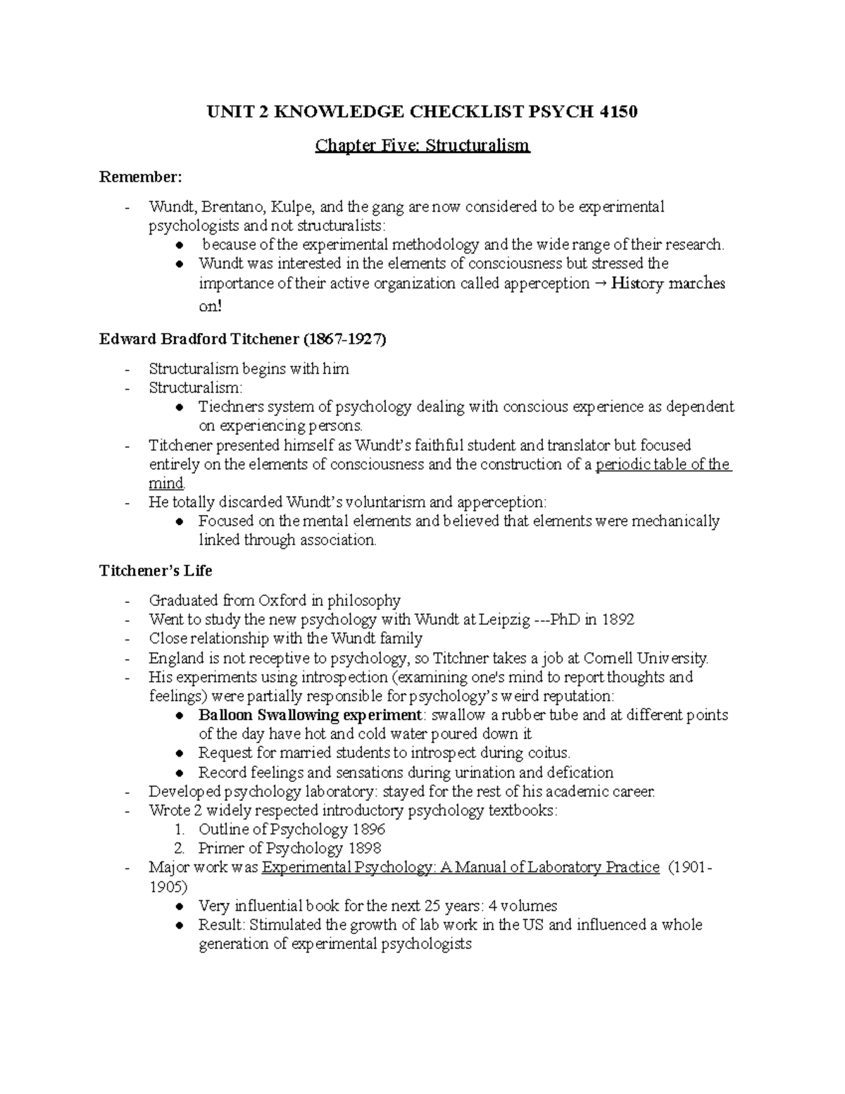 UNIT 2 Knowledge Checklist PSYCH 415 0 - UNIT 2 KNOWLEDGE CHECKLIST PSYCH 4150 Chapter Five ...