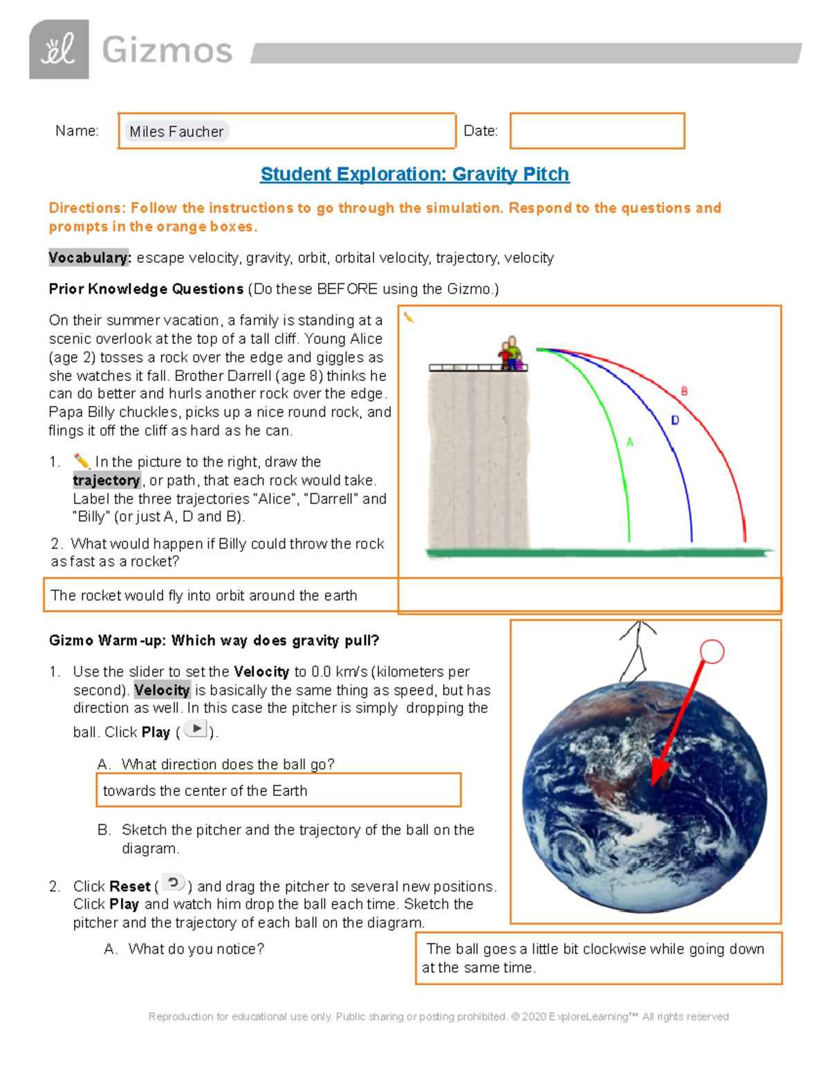 Gizmo Gravity Pitch - Name: Miles Faucher Date: Student Exploration ...
