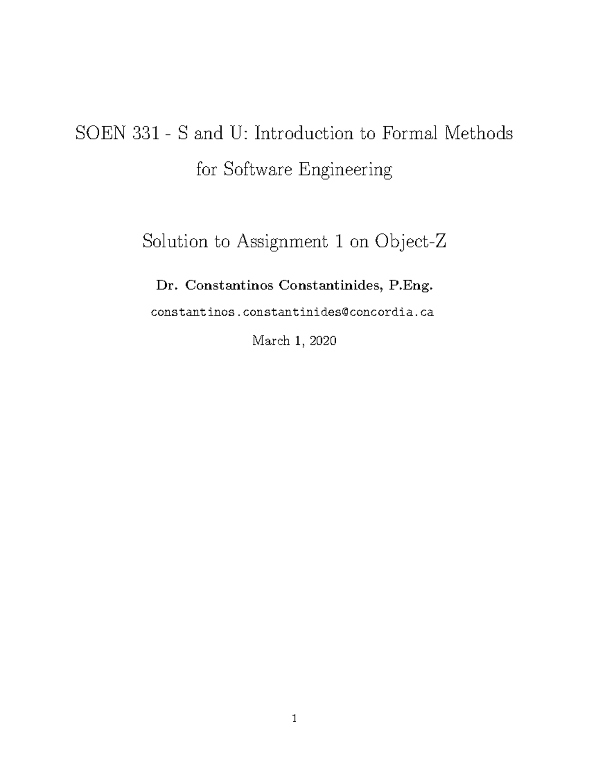 Assignment 1-sol - ..- SOEN 331 - S and U: Introduction to Formal Methods for Software ...