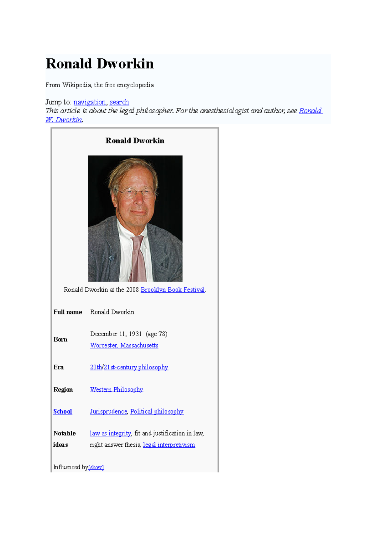 Ronald Dworkin - Basic Notes - Ronald Dworkin From Wikipedia, the free ...