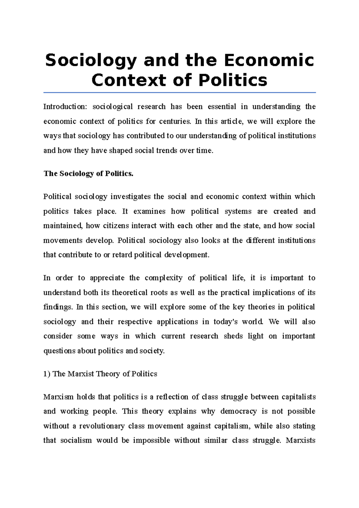 Sociology and the Economic Context of Politics - Sociology and the ...