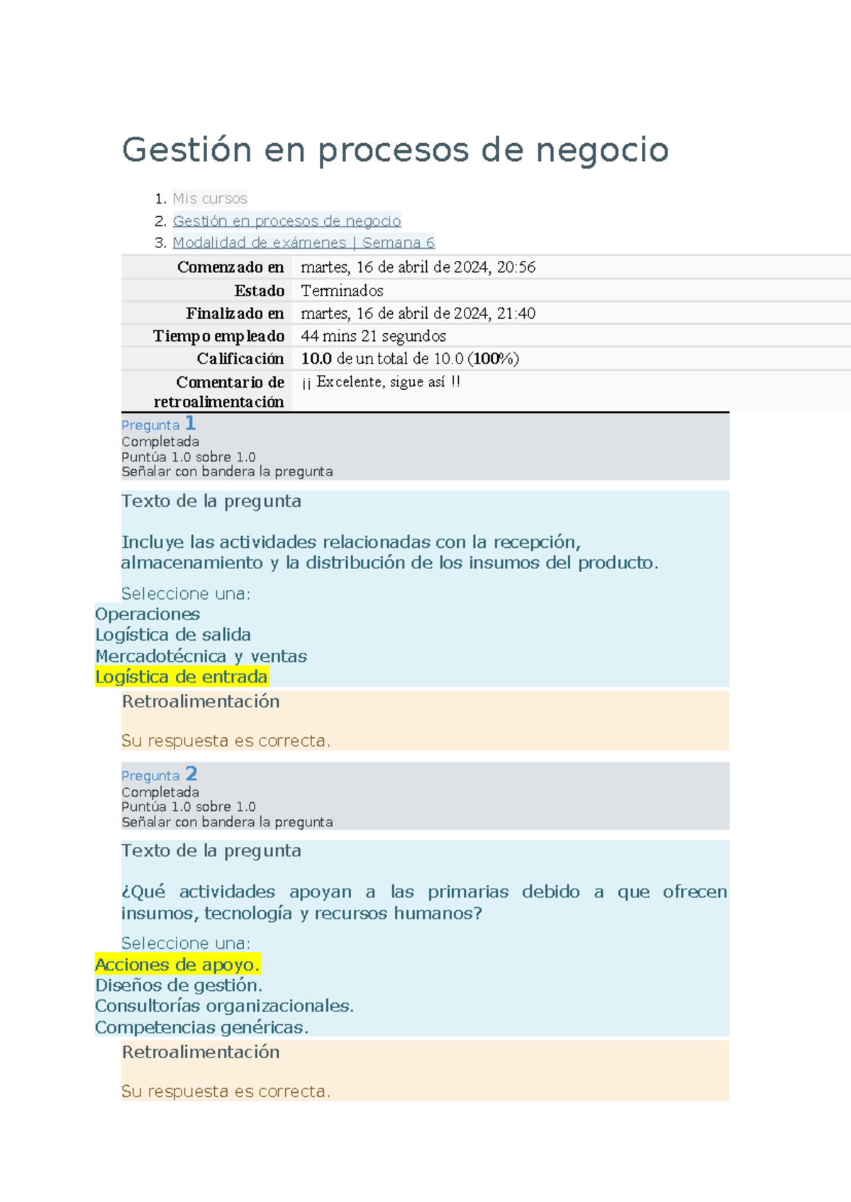 Examen Semana 06 Gestión en procesos de negocio - Gestión en procesos de negocio 1. Mis cursos 2 ...