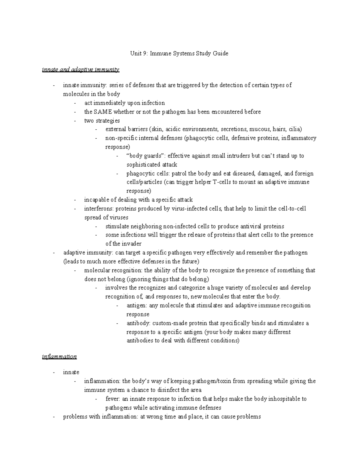 Unit 9 Immune System SG - Unit 9: Immune Systems Study Guide innate and ...