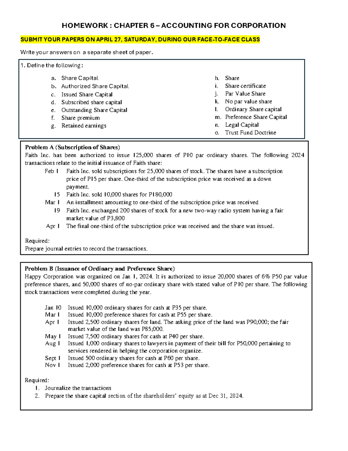 Homework- Chapter-6 - HOMEWORK : CHAPTER 6 – ACCOUNTING FOR CORPORATION SUBMIT YOUR PAPERS ON ...