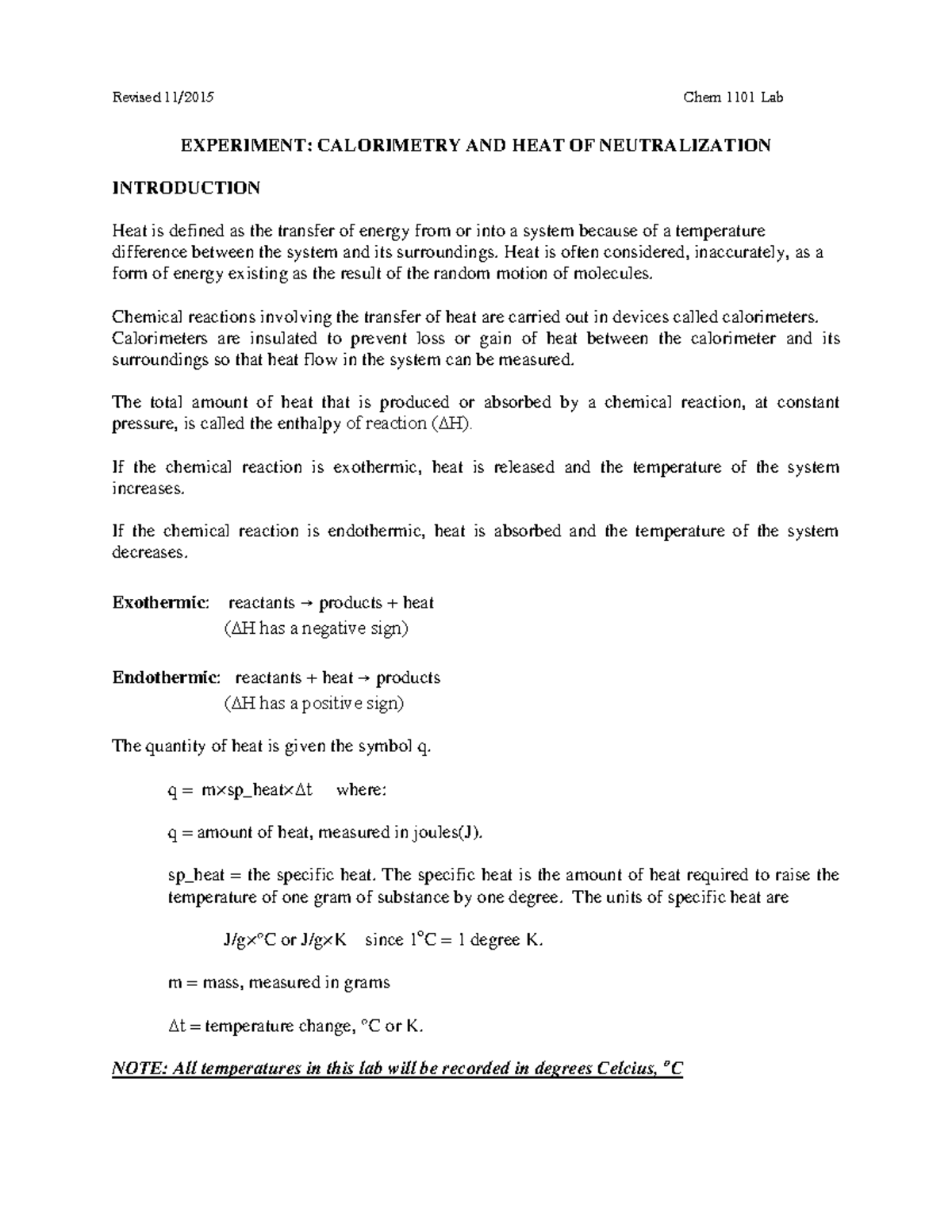 Calorimetry HO - Lecture notes mmmk - Revised 11/2015 Chem 1101 Lab ...