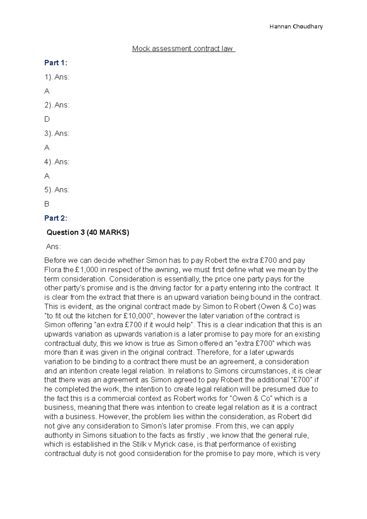 Contract law mock assessment - Hannan Choudhary Mock assessment ...