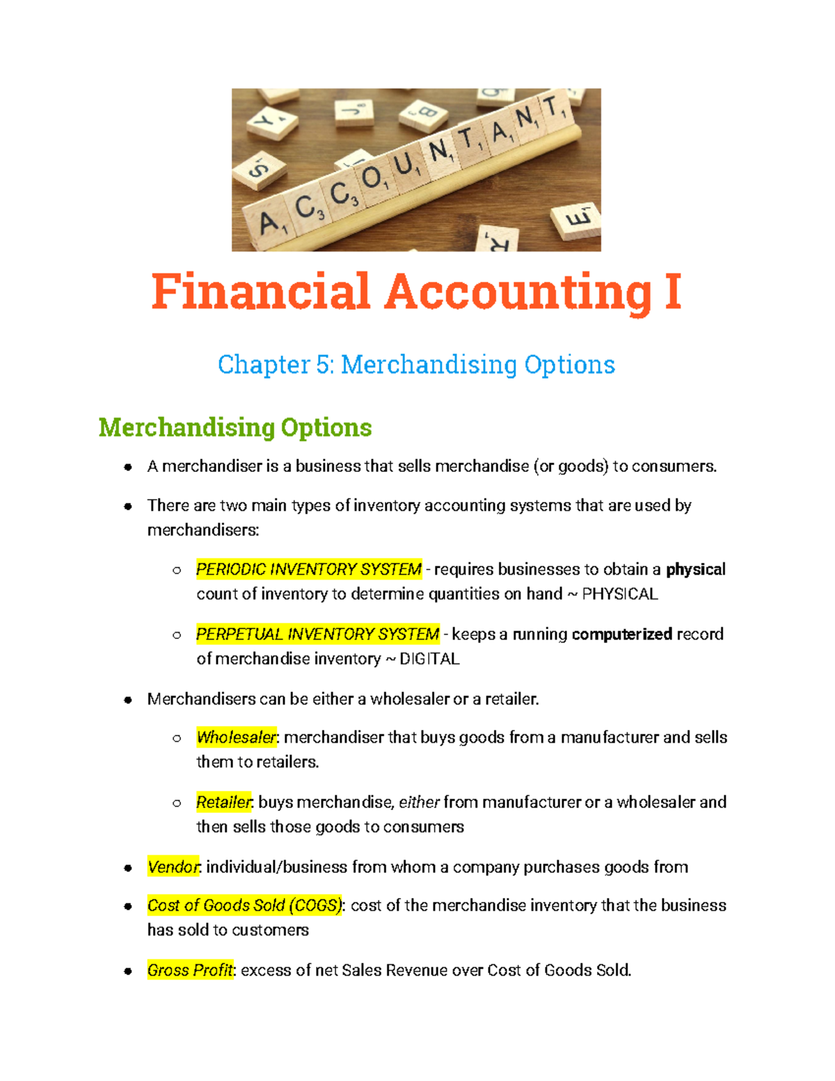 FA 1 Ch 5 Notes - Financial Accounting I Chapter 5: Merchandising ...
