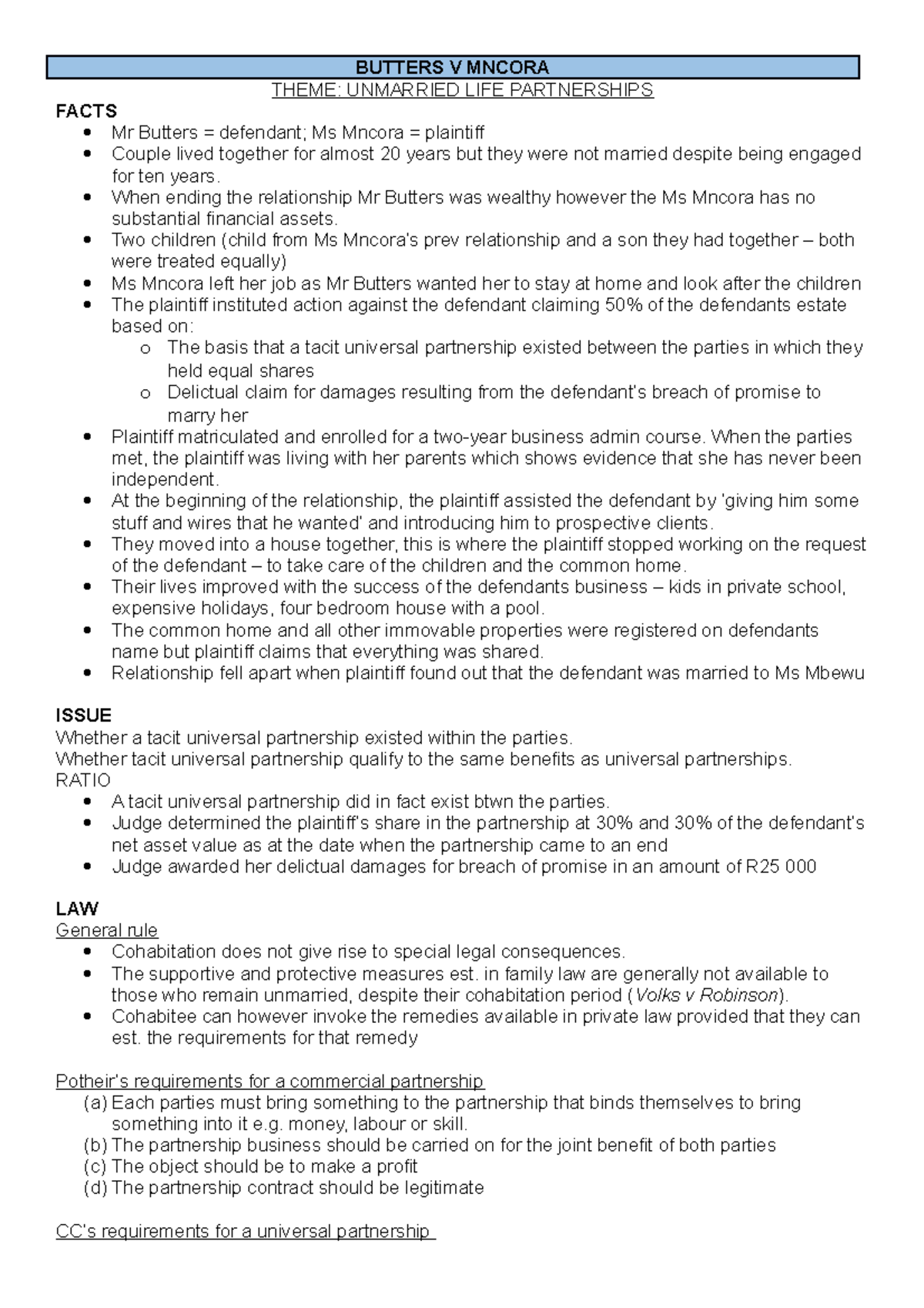 Butters V Mncora - case summary - BUTTERS V MNCORA THEME: UNMARRIED ...