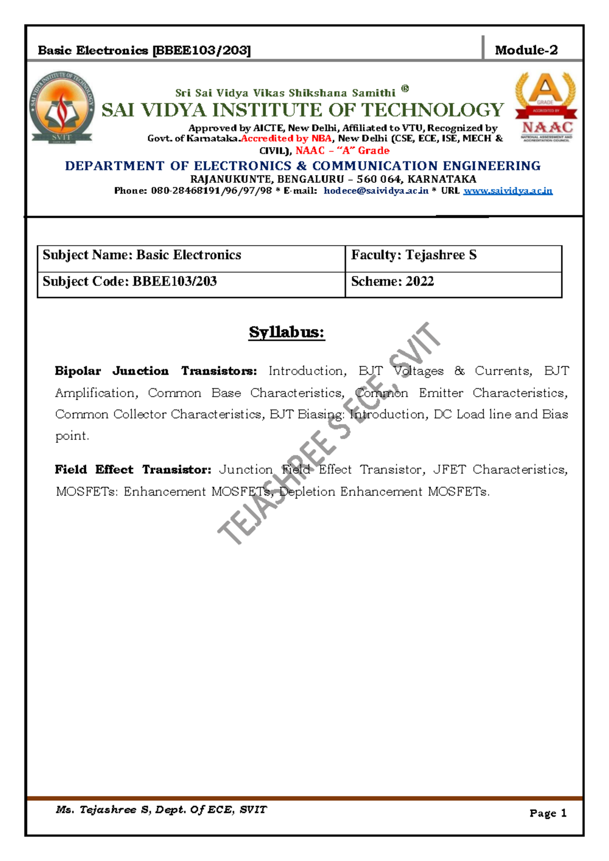 Module 2 - Basic Electronics [BBEE103/203] Module- 2 Ms. Tejashree S, Dept. Of ECE, SVIT Page 1 ...